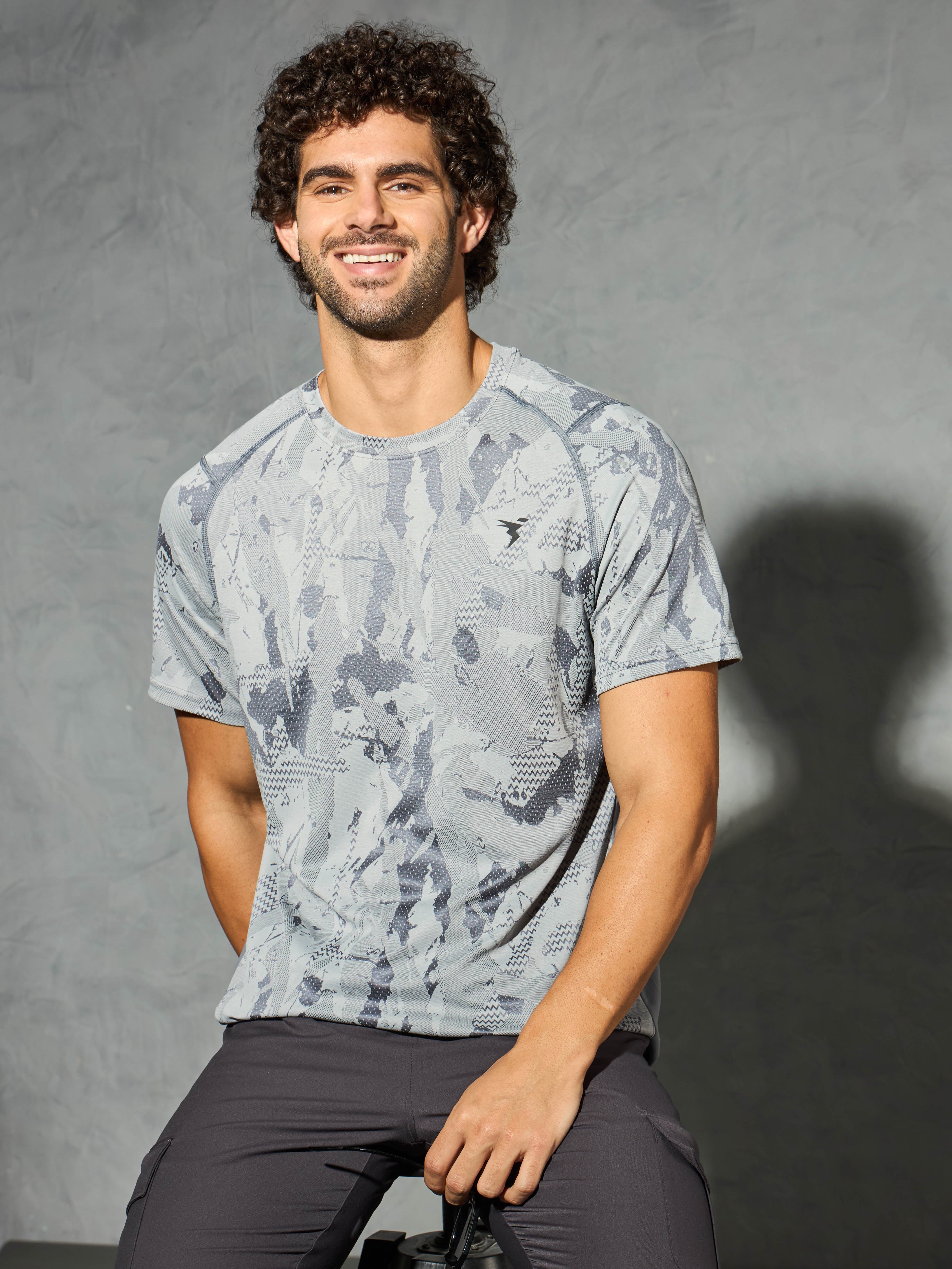 Men Self Design Slim Fit Crew Neck T-shirt with DOUBLE COOL