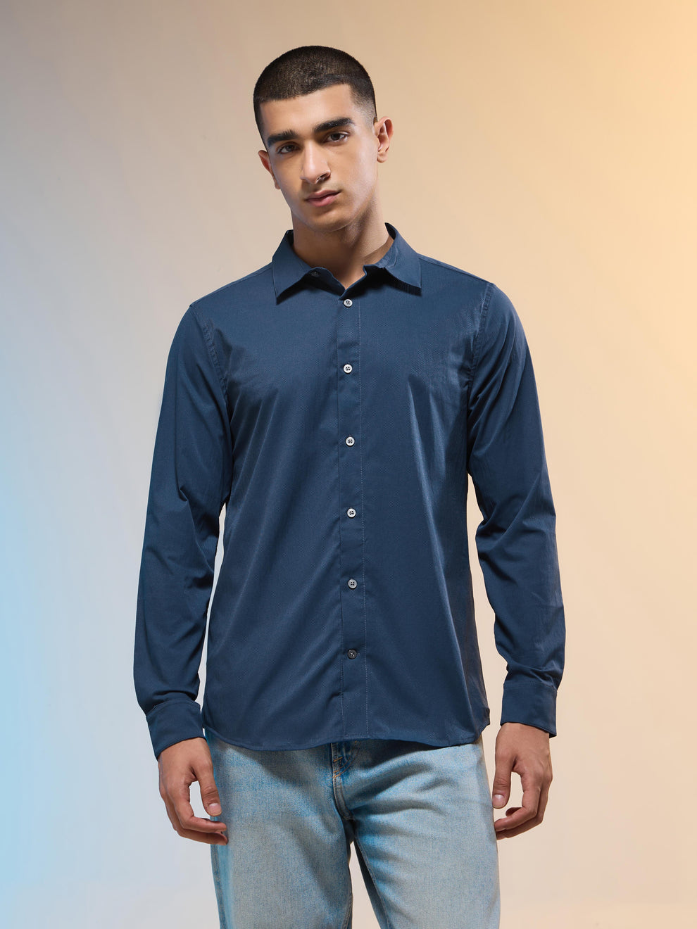 Men Solid Slim Fit Spread Collar Shirt with TS LYTRA