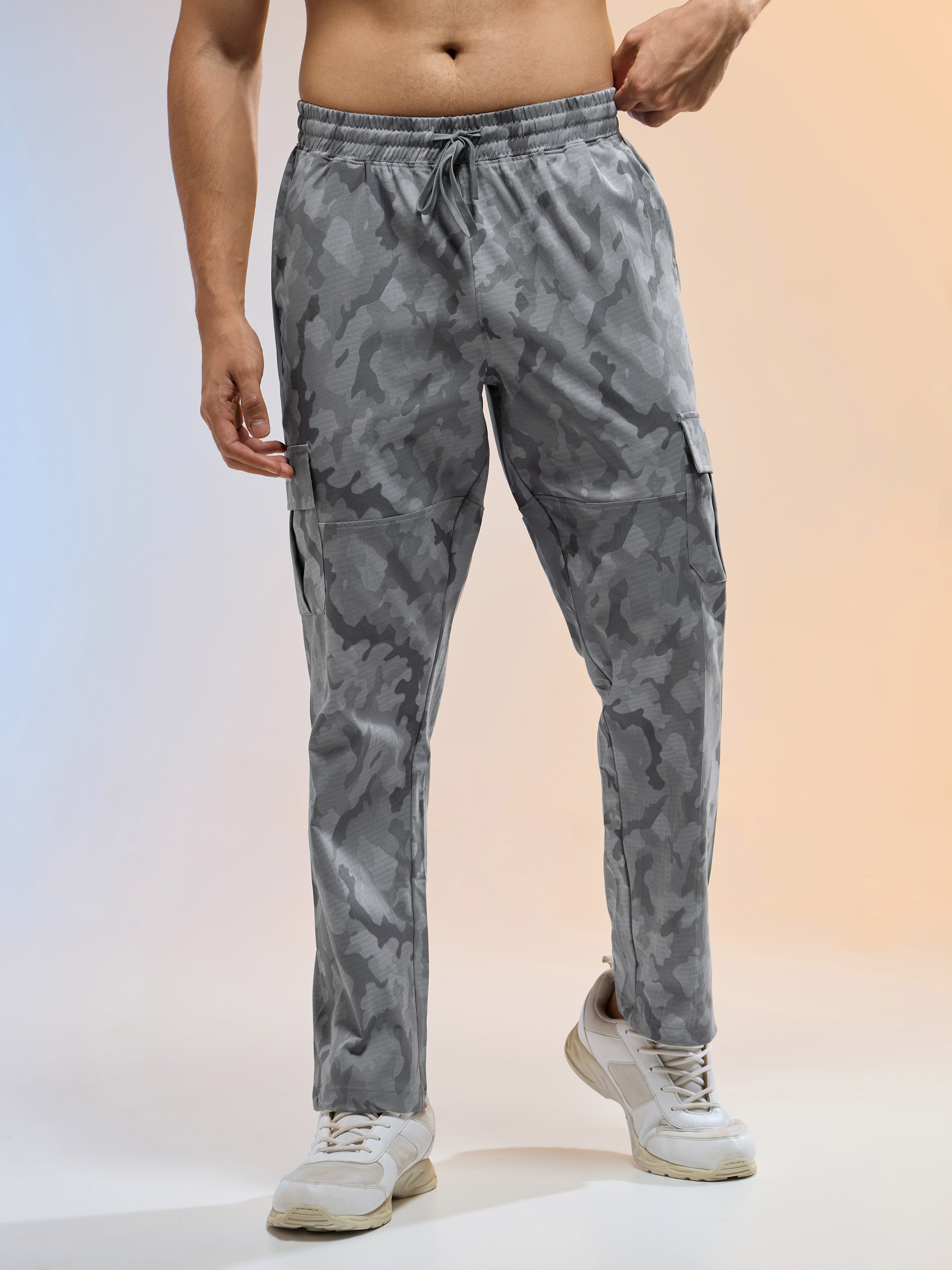 Men Printed Straight Fit Sports Cargo Trackpants with TS LYTRA