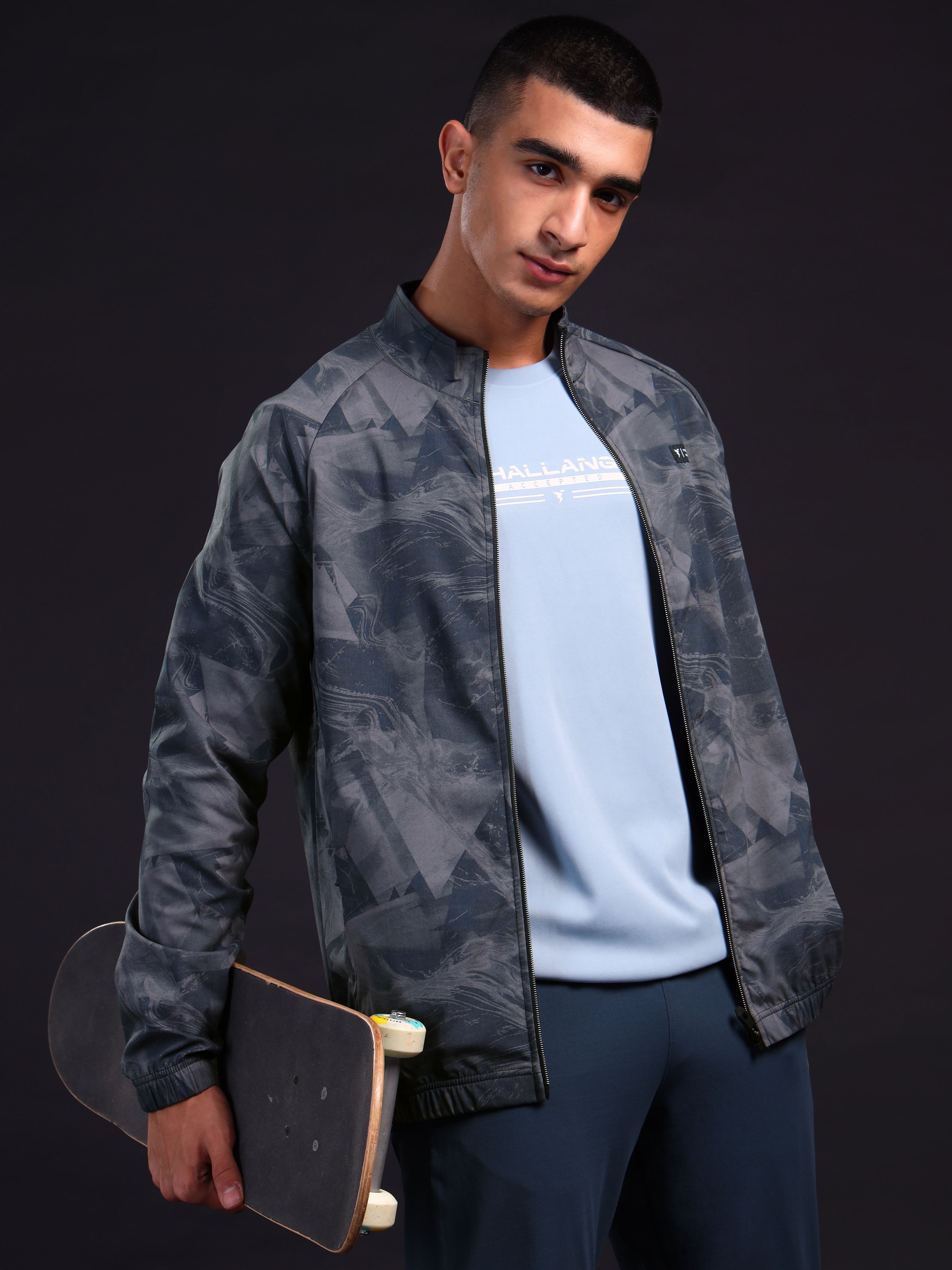 Men Printed Slim Fit Mock Neck Jacket with TS FLEXI