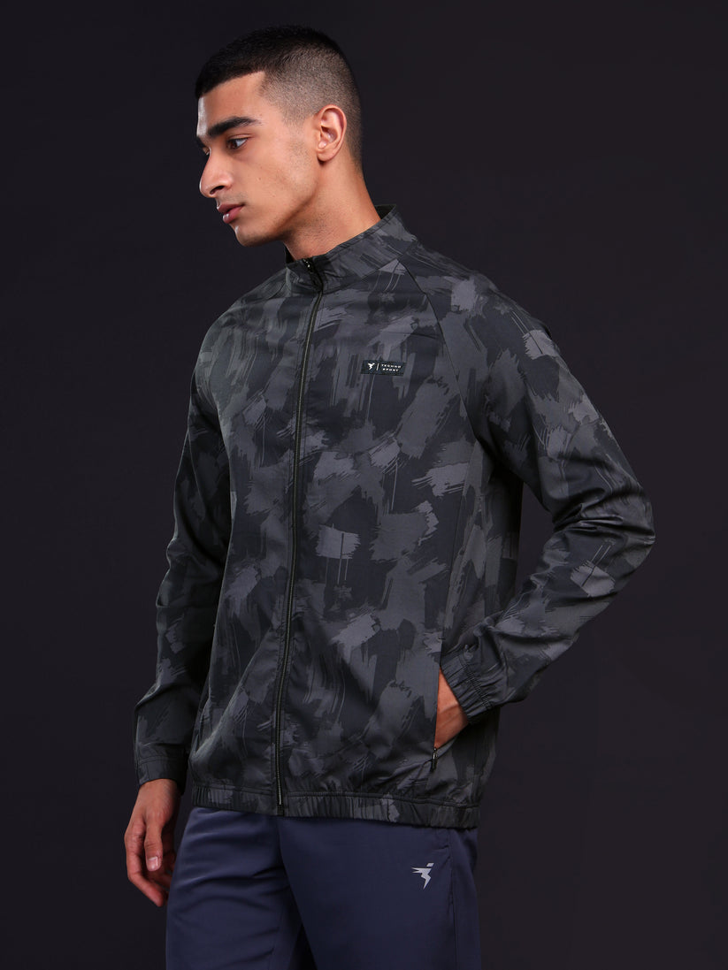 Men Printed Slim Fit Mock Neck Jacket with TS FLEXI
